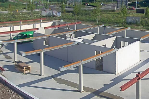 Demountable precast concrete elements for sustainable office building